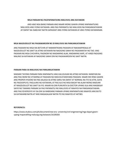 Mga Paraan Ng Pagpapanatiling Malusog Ang Katawan Pdf