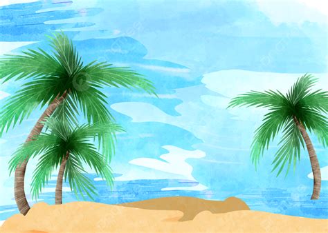 棕櫚樹水彩質感夏季藍色海灘 棕櫚樹 水彩 夏季背景圖片和桌布免費下載
