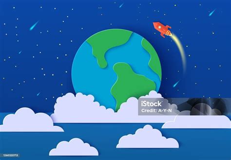 종이 컷 스타일로 공간에서 빨간색 로켓 발사 압서트 은하 우주 풍경 3d 공예 배경 컷아웃 우주선 셔틀은 지구 행성 주위를