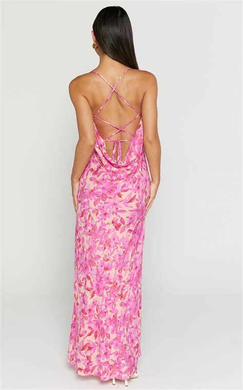Manuella Maxi Dress Cowl Neck Slit Slip Dress In Pink Showpo