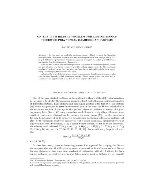 Pdf On The 16th Hilbert Problem For Discontinuous Piecewise Polynomial Hamiltonian Systems