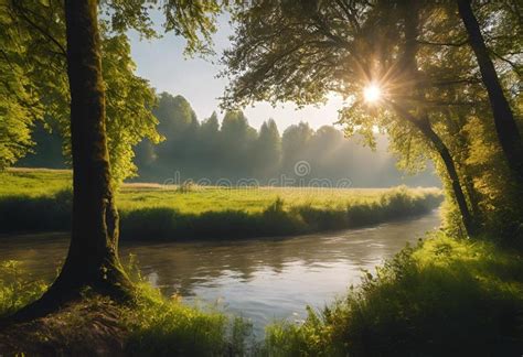 The Sun Rises Behind Trees Over A Stream Running Through A Park Stock Illustration