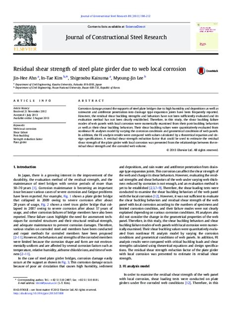 Pdf Residual Shear Strength Of Steel Plate Girder Due To Web Local Corrosion