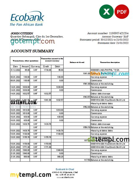 Chad Ecobank Bank Statement Excel And Pdf Template Completely Editable