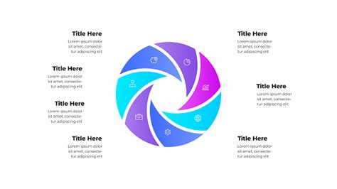 아이콘과 텍스트를 표시하는 7개의 섹션이 있는 원형 레이아웃을 특징으로 하는 인포그래픽 일러스트레이션입니다 프리젠 테이션 비즈니스 전략 및 정보 명확성을 강조하는 그래픽