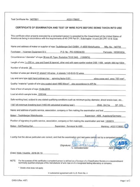 Certificate Of Examination And Test Wire Rope Before Being Take Into Use 140706 1 Pdf