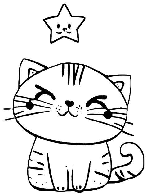 Kawaii Kitty Cat Coloring Page With Stars · Creative Fabrica