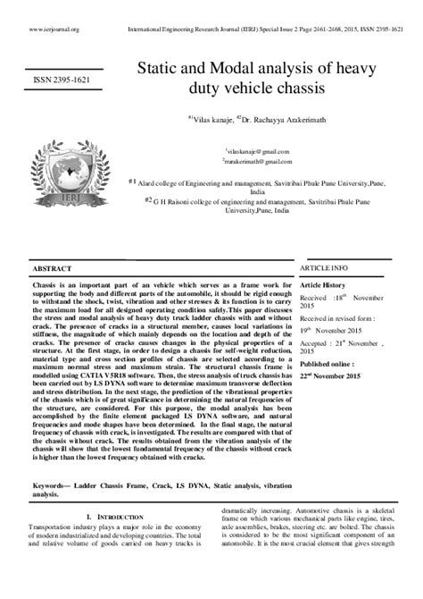 Pdf Static And Modal Analysis Of Heavy Duty Vehicle Chassis