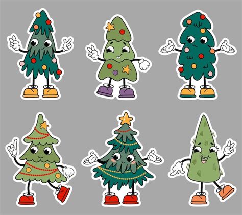 Conjunto De Adesivos De Rvore De Natal Kawaii Vetor Premium