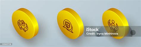 아이소메트릭 라인 하우스를 손에 들고 방패와 생명 보험 아이콘을 설정합니다 벡터 3차원 형태에 대한 스톡 벡터 아트 및 기타 이미지 3차원 형태 가리키기 가족