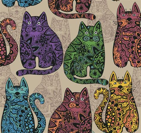 Seamless Vector Pattern With Funny Ornamental Cats Stock Vector