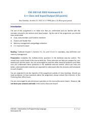 CSE F HW Pdf CSE Fall Homework C Class And Input Output Points Due
