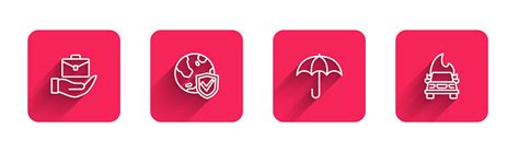 세트 라인 핸드 들고 서류 가방 세계 지구본이 있는 방패 우산 및 긴 그림자가 있는 불타는 자동차 빨간색 사각형 버튼입니다 벡터 가방에 대한 스톡 벡터 아트 및 기타 이미지