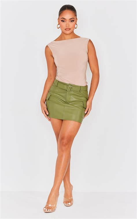 Khaki Faux Leather Belted Mini Skirt Prettylittlething Ca