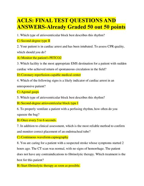 Acls Final Test Questions And Answers Already Graded 50 Out 50 Points