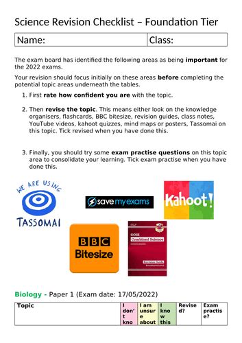Edexcel Combined Science Foundation Checklist Teaching Resources