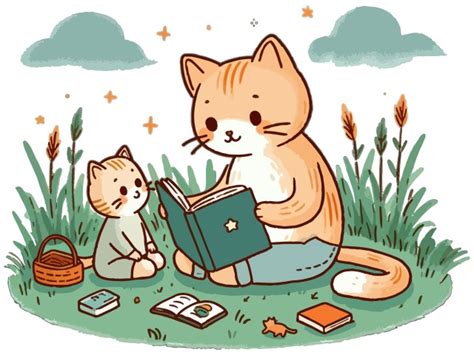 読書週間猫の親子が野原で本を読むイラスト 無料イラスト素材素材ラボ