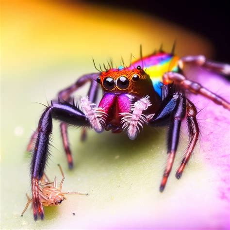The Gayest Rainbow Jumping Spider Captured In Its Native Habitat Contemplating A Water Lilly