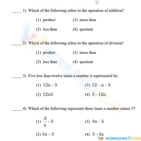 Algebraic Expressions Worksheet