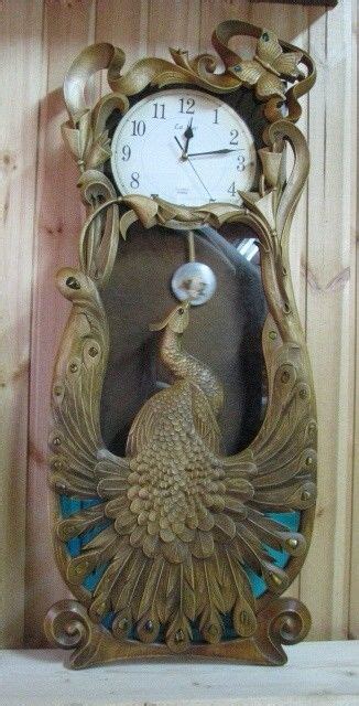 Часы Павлин Деревянные часы Резьба по дереву Поделки