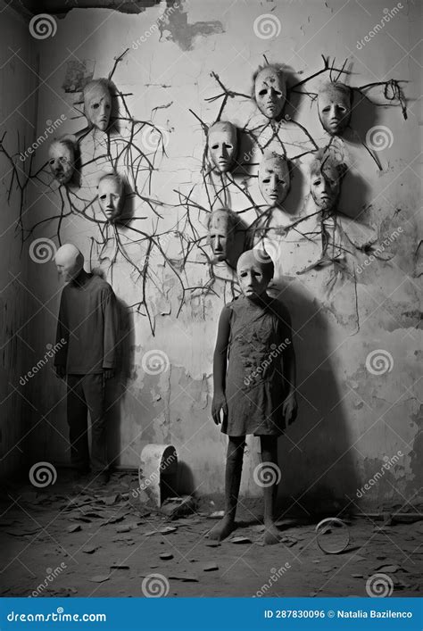 Masked Whispers Two Figures Don Masks Evoking Forgotten Tales Stock