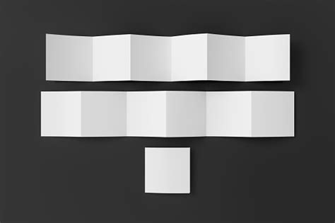 스퀘어 페이지 지그재그 또는 아코디언 폴드 브로셔 6 개의 패널 12 페이지 빈 전단지 프리젠 테이션 디자인을 위해 검은 배경에 대해 모의 접혀 서 서 앞뒤로 펼쳐졌다 0