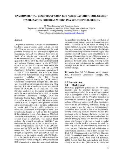 Pdf Environmental Benefits Of Corn Cob Ash In Lateritic Soil Cement