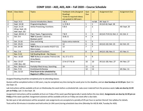 Comp1010 Fall Term 2020 Schedule Comp 1010 A02 A03 A04 Fall