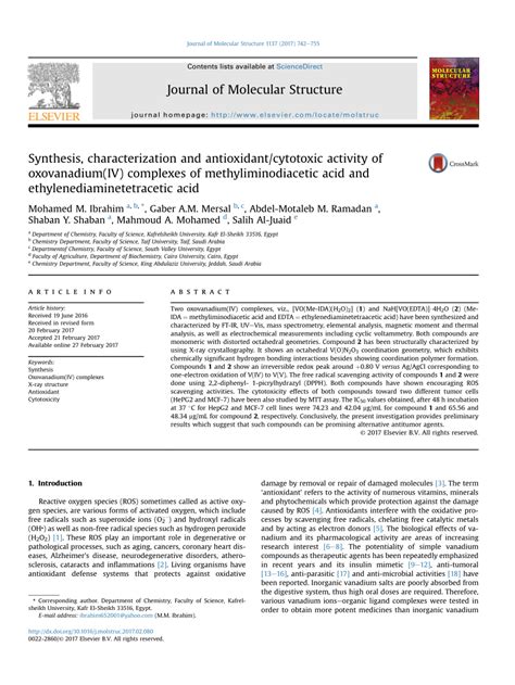Pdf Synthesis Characterization And Antioxidant Cytotoxic Activity Of Oxovanadium Iv