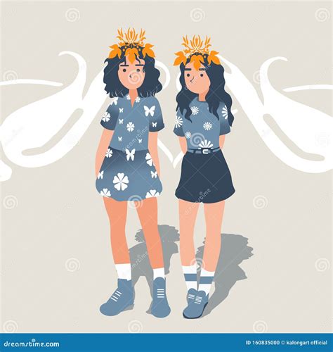Two Young Women Or Girls Dressed In Trendy Clothes Standing Together