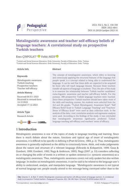 Pdf Metalinguistic Awareness And Teacher Self Efficacy Beliefs Of Language Teachers A