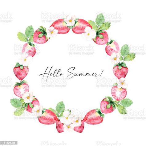수채화 일러스트레이션 하얀 꽃과 잎이 있는 잘 익은 딸기의 둥근 프레임 텍스트 인쇄 엽서 등을 위한 템플릿 0명에 대한 스톡