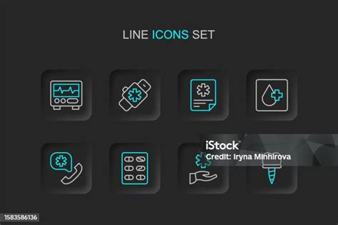 세트 라인 치과 임플란트 크로스 병원 의료 물집 팩의 알약 응급 전화 911 혈액 검사 환자 기록 심장이 있는 스마트 시계 및 모니터 심전도 아이콘 벡터 1위에 대한 스톡