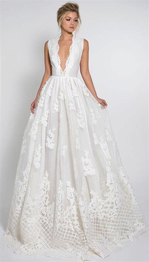 Robe De Mariée Dentelle Mousseline De Soie Profonde Encolure En V