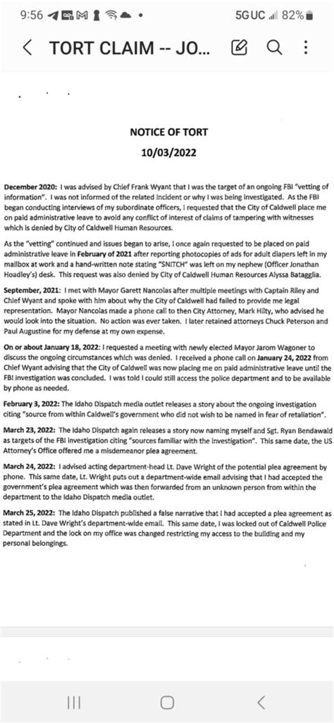 Former Lieutenant Joseph Hoadley Files Tort Claim Against City Of Caldwell Seeking Five Million