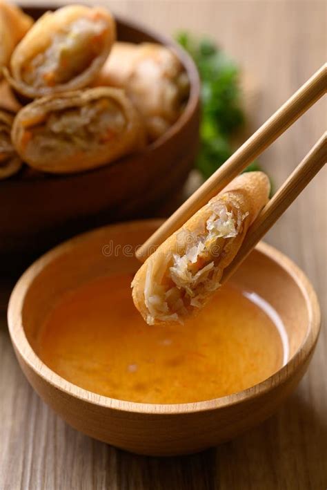 Asian Deep Fried Spring Roll Filling With Cabbage Carrot And Glass