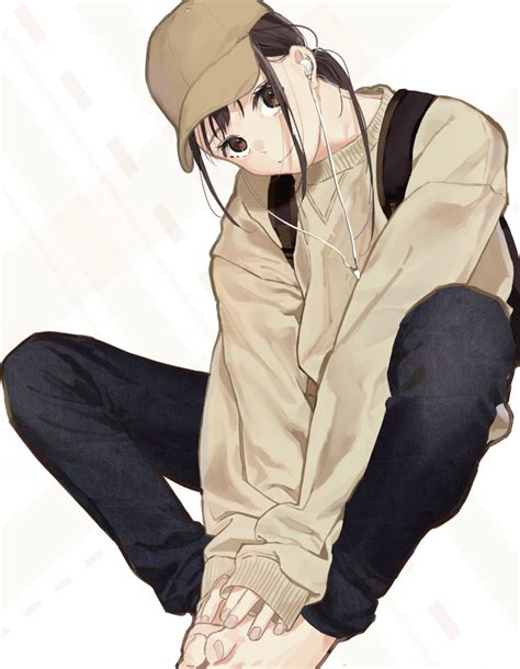 Safebooru 1girl Backpack Bag Baggy Clothes Bangs Barefoot Brown Eyes