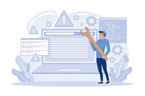 컴퓨터 및 소프트웨어 컴퓨터 실습실 시스템 관리 문제 해결 정보 기술 네트워크 유지 운영 체제 플랫 벡터 현대 일러스트 레이 션