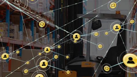 Animation Of Profile Icons Connected With Lines Over Forklift With Cardboard Boxes In Warehouse