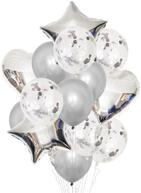 Balony Zestaw 14Szt Urodziny Gwiazda Serce Srebrne Hopki Przyjęcia