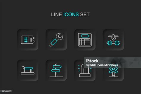 라인 철도 건널목 점멸 사이렌 도로 교통 표지판 철도 철도 트랙 핸드카 운송 기차역 보드 렌치 스패너 및 티켓 아이콘을 설정하십시오 벡터 간판에 대한 스톡 벡터 아트 및