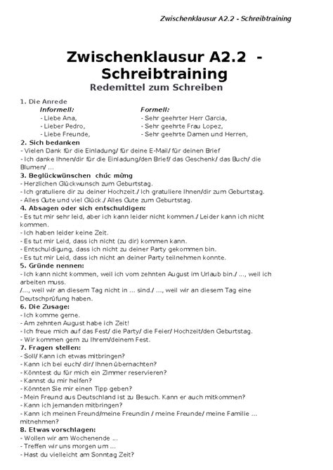 Zka2 Summary German Zwischenklausur A2 Schreibtraining Redemittel