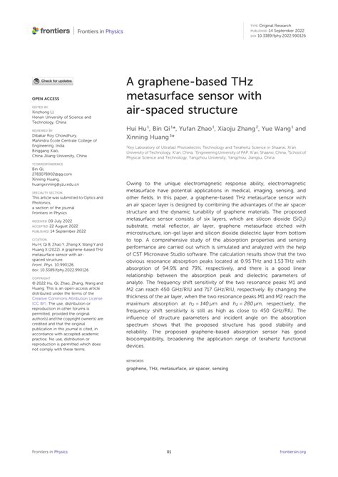 Pdf A Graphene Based Thz Metasurface Sensor With Air Spaced Structure