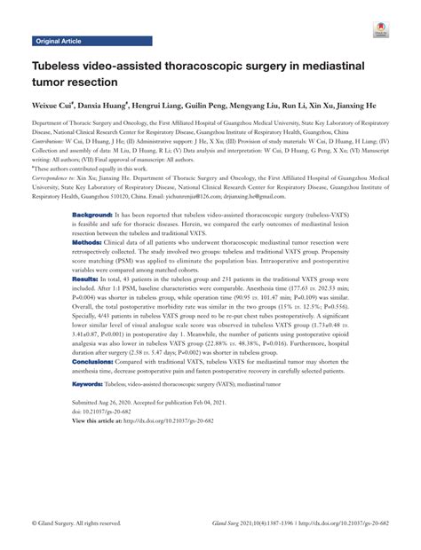 Pdf Tubeless Video Assisted Thoracoscopic Surgery In Mediastinal Tumor Resection