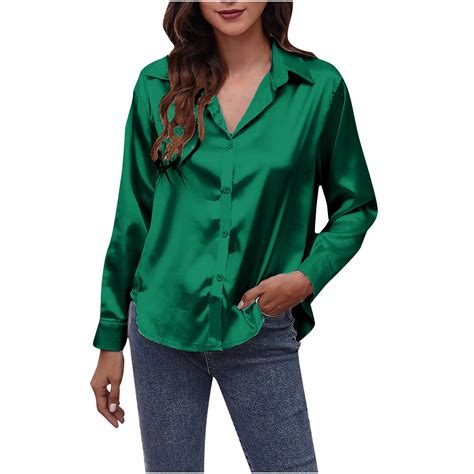 Button Down Shirts Womens Satin Silk Long Sleeve Blouse Shirt Casual