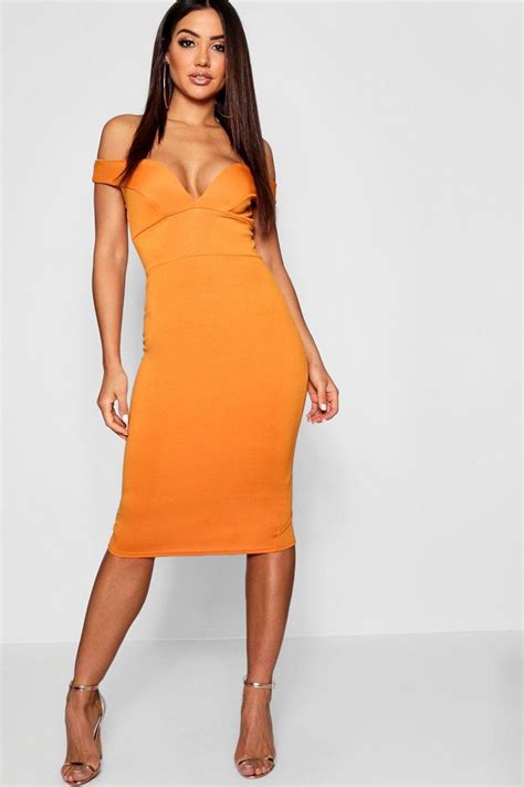 Womens Sweetheart Off Shoulder Bodycon Midi Dress Orange 2 Midi