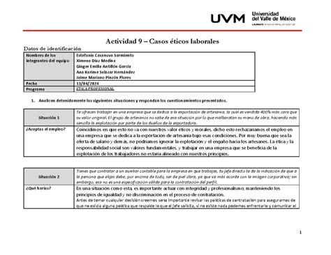 Actividad 9 Aksh Actividad 9 Casos éticos Laborales Datos De Identificación Nombres De Los