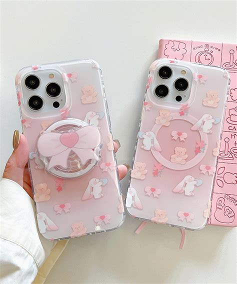 16추가 맥세이프 토끼곰 핑크 아이폰 케이스 폰케이스 자력강한 스마트톡 리본 거치대 유니크 심플 블링 반짝 거울 핸드폰
