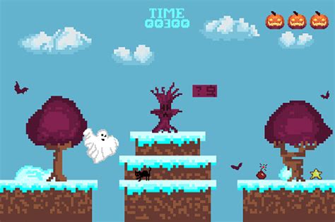 복고풍 비디오 게임 할로윈 아케이드 게임 유령 괴물 카드 배경 오래된 컴퓨터 게임 벡터 일러스트레이션 할로윈 픽셀 게임 8에 대한 스톡 벡터 아트 및 기타 이미지 Istock