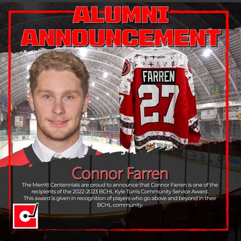 Connor Farren Awarded With 2023 Kyle Turris Community Service Award Merritt Centennials